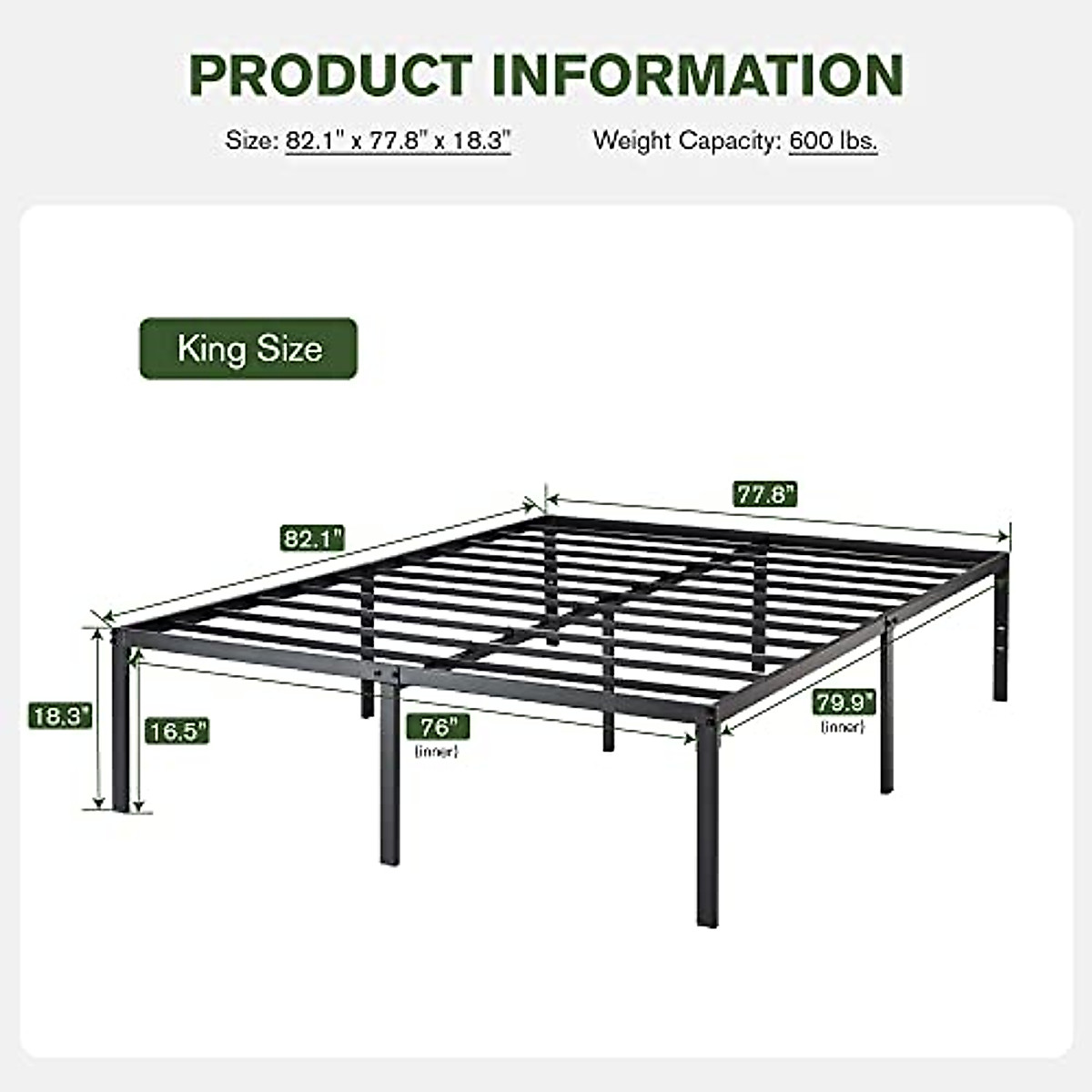 IMUsee Heavy Duty 18inch King Size Metal Platform Bed Frame with Large Under Bed Storage Space, Sturdy Metal Frame/Mattress Foundation/No Box Spring Needed/Easy Assembly/Noise-Free