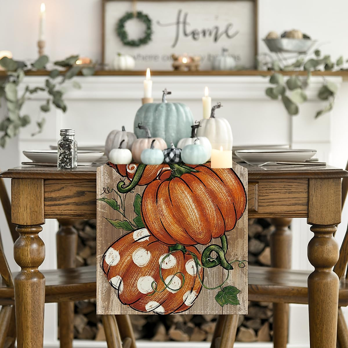 Artoid Mode Polka Dot Pumpkins Vine Fall Table Runner, Seasonal Autumn Thanksgiving Kitchen Dining Table Decoration for Home Party Decor 13x72 Inch