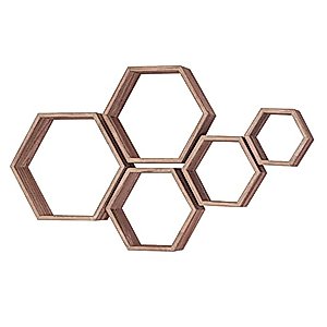 Hexagon Floating Shelves,Wall Mounted Wood Farmhouse Storage Honeycomb Wall Shelf Set of 5,for Bathroom, Kitchen, Bedroom, Living Room,Office,Home Room Wall Decor Driftwood Finish (Carbonized Black)