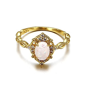 FZO 18K Yellow Gold Plated Oval Shape Opal Ring Solitaire Birthstone Ring Eternity Engagement Wedding Band Ring for Women ST.238 7