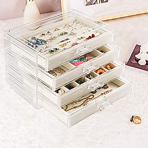 Weiai Acrylic Jewelry Organizer, Clear Jewelry Box with 4 Drawers, Velvet Display Case Storage for Women, Girls (Beige)
