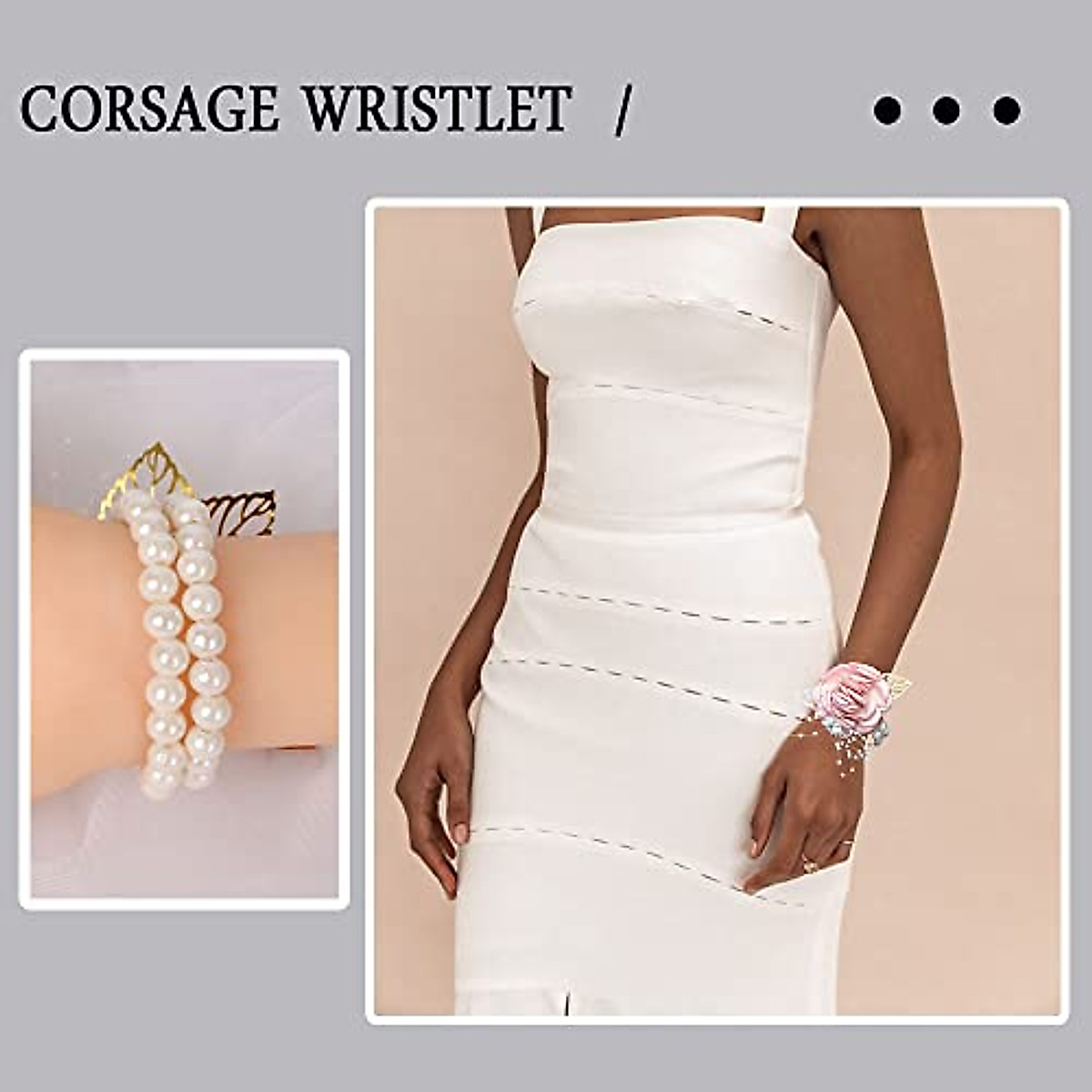 XAN Bridesmaid Wrist Flower Corsage Bride Silk Wrist Flower, with Artificial Pearl Bead Elastic Bracelet Wristband Gold Leaf, Used for Wedding Ball Hand Flower Decoration (Grey Combination)