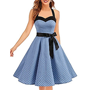 DRESSTELLS Women Vintage 1950s Cocktail Polka Dot Dress, 50s 60s Retro Pinup Formal Wedding Party Halter Rockabilly Swing Dress Blue Small White Dot S