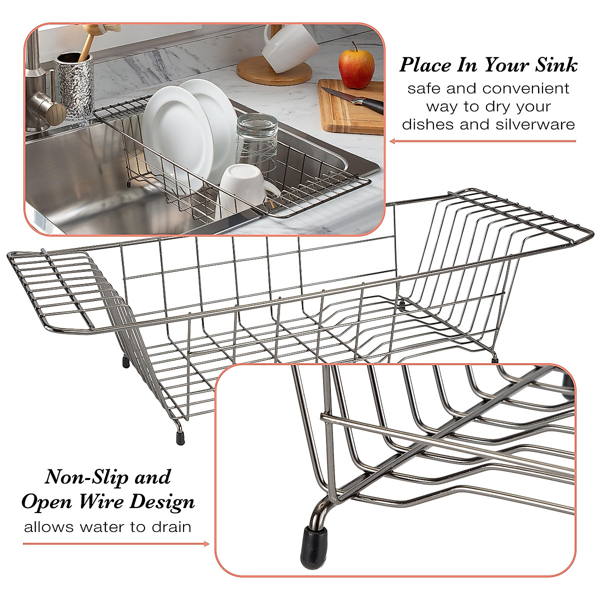 Kitchen Details Sink Dish Drainer Drying Rack | Dimensions: 19.88" x 8.07" x 4.92" | Space Saving | Fits Over Most Sinks | Durable | Onyx