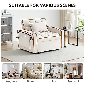 HUMEHA Convertible Chair Bed, Modern Velvet Sofa Chair Sleeper Bed with USB Ports & Cup Holders, Adjustable Backrest Single Lounge Armchair with Phone Holder for Living Room Bedroom, Creamy White