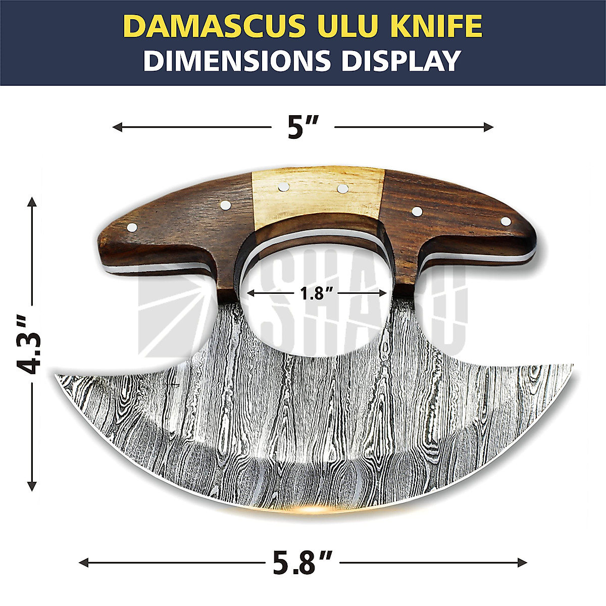 SHARDBLADE Alaskan Ulu Knife with Sheath, Handmade Forged 6" Damascus Steel Pizza Cutter Rocker Knife with Non-Slip Wooden Handle, Premium Food Salad Chopper Knife, Traditional Inuit Eskimo Knife
