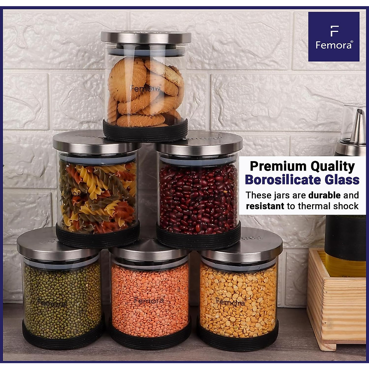 Femora Borosilicate Glass Air-Tight Jar with Silicon Base, 900 ml, Set of 2