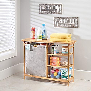 mDesign Bamboo Freestanding Laundry Hamper Basket Table - Storage Shelves for Folding Clothes and Organizing Detergent, Fabric Softener, Bleach, Dryer Sheets - Echo Collection - Natural