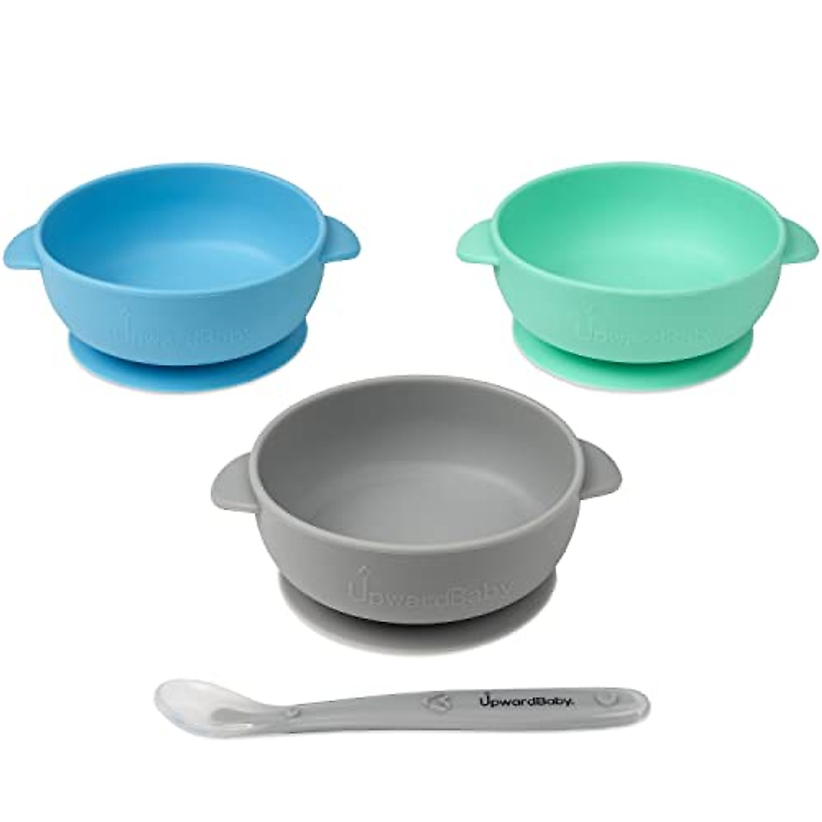 Upward Baby Bowls with Suction - 4 Piece Silicone Set with Spoon for Babies Kids Toddlers - BPA Free Baby Led Weaning Food Plates - First Stage Self Feeding Utensils