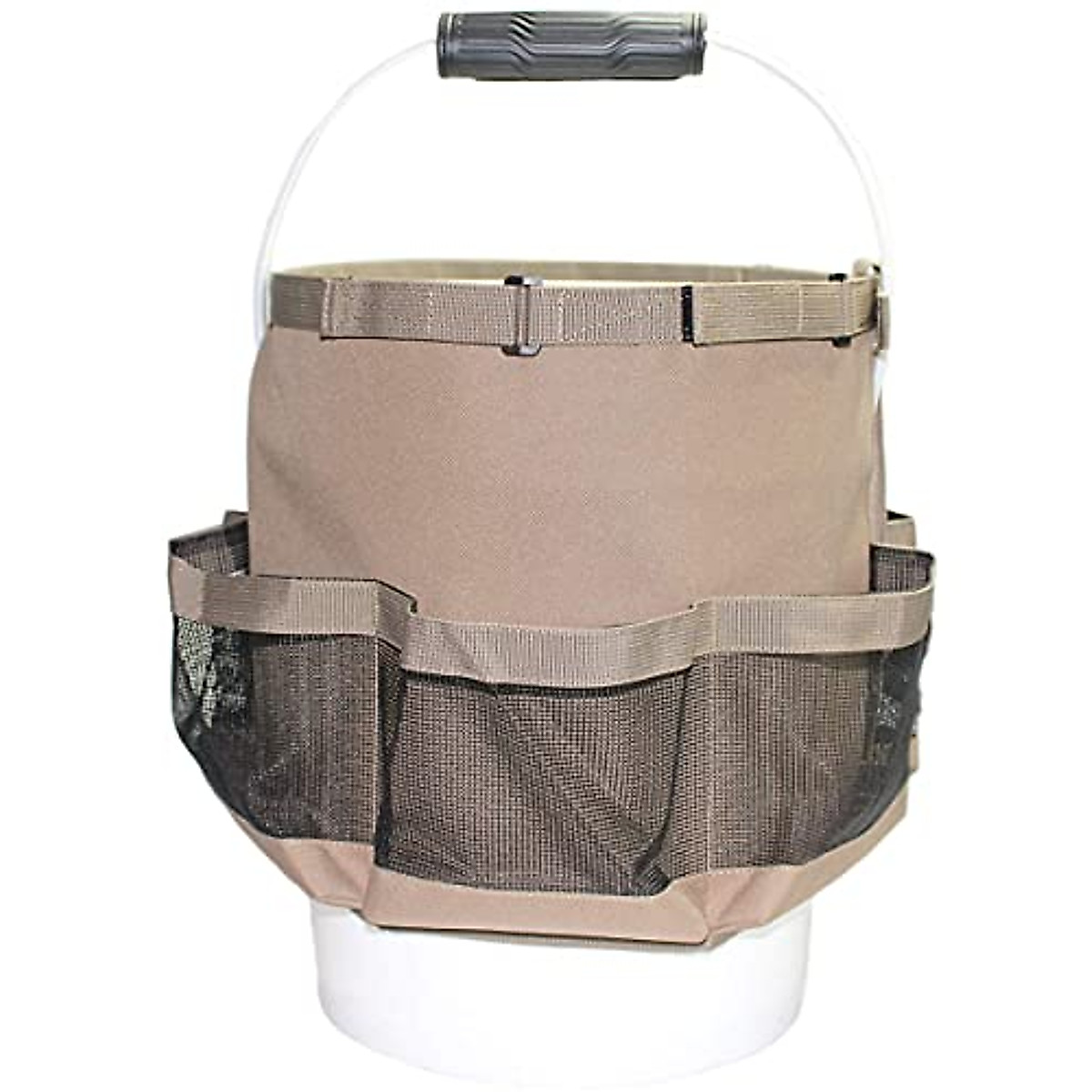 Bucket Idea Wash Tool Organizer for 5 Gallon Bucket, cleaning bucket organizer Water-resistant Mesh Pockets for Clean Supplier , Car Wash Supplier，Soap and Towel Holder Ring Included , Khaki Color (1)