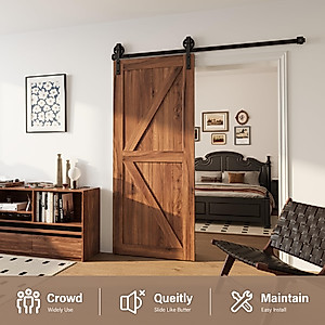 WINSOON 5-16FT Single Wood Sliding Barn Door Hardware Kit 5FT Basic Black Big Spoke Wheel Roller Garage Closet Carbon Steel Flat Track System (5FT)