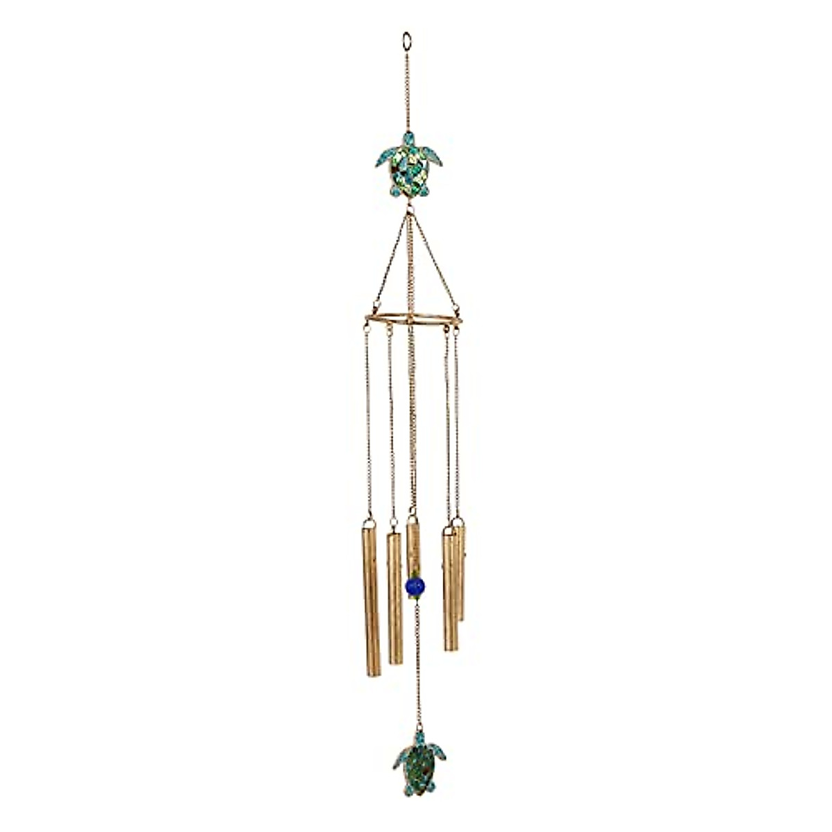 Deco 79 Metal Turtle Indoor Outdoor Embellished Windchime with Glass Beads and Pipe Bells, 5" x 5" x 41", Gold