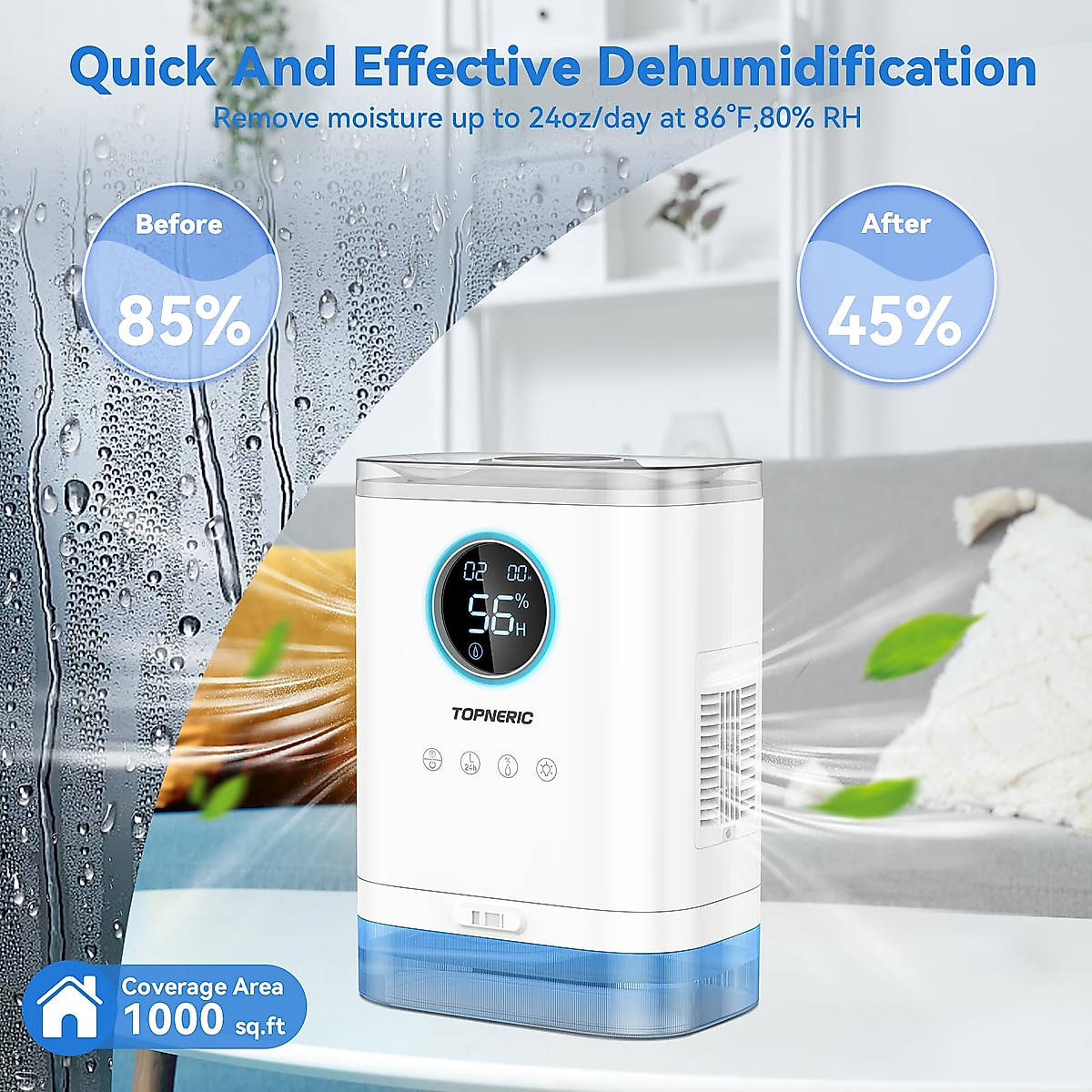 Dehumidifier, 95 OZ Dehumidifier for Bedroom (1000 sq.ft), Quiet Dehumidifier for Basement, Home, Bathroom, RV, Closet with Auto Shut Off, Humidity Adjustable, Defrost, Sleep Mode, 7 Colors LED Light