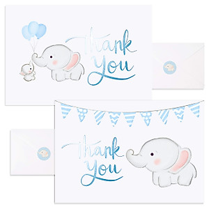 Baby Shower Thank You Cards. 50 Elephant Blue Thank You Cards Baby Shower with Envelopes for Baby Thank You Notes - Blank Inside Baby Shower Card Pack with Sealing Stickers