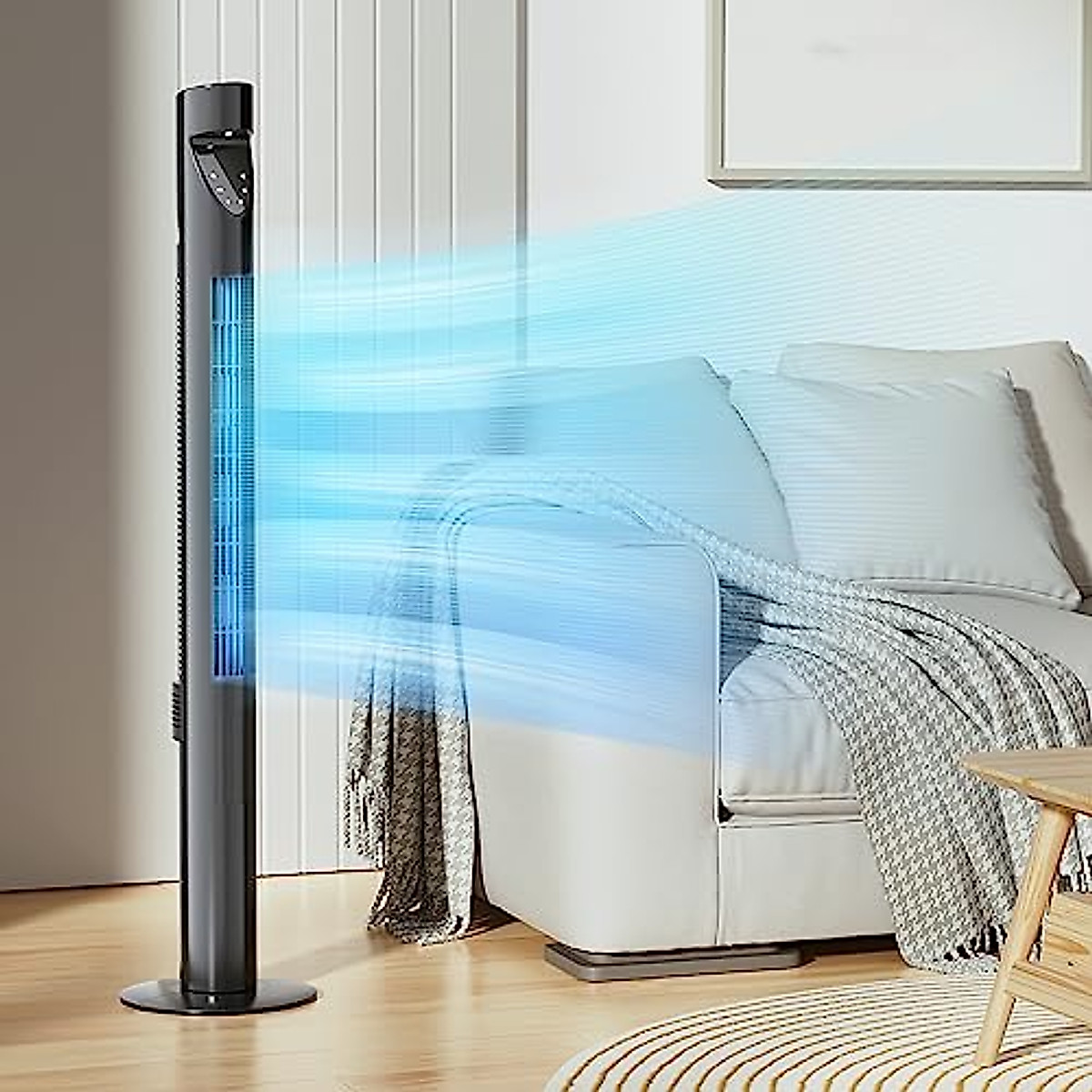 mollie Oscillating Quiet Tower Fan with Remote Control 3 Speeds 12H Timer Portable LED Display 47 Inch Electric Air Circulator Cooling Floor Standing Fan for Home Bedroom Office Living Room Black