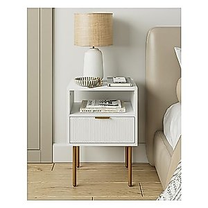 AEPOALUA Nightstand,Small Bedside Table with Gold Frame,White Night Stand,Bedside Furniture,Side Table with Drawer and Shelf for Bedroom,Living Room