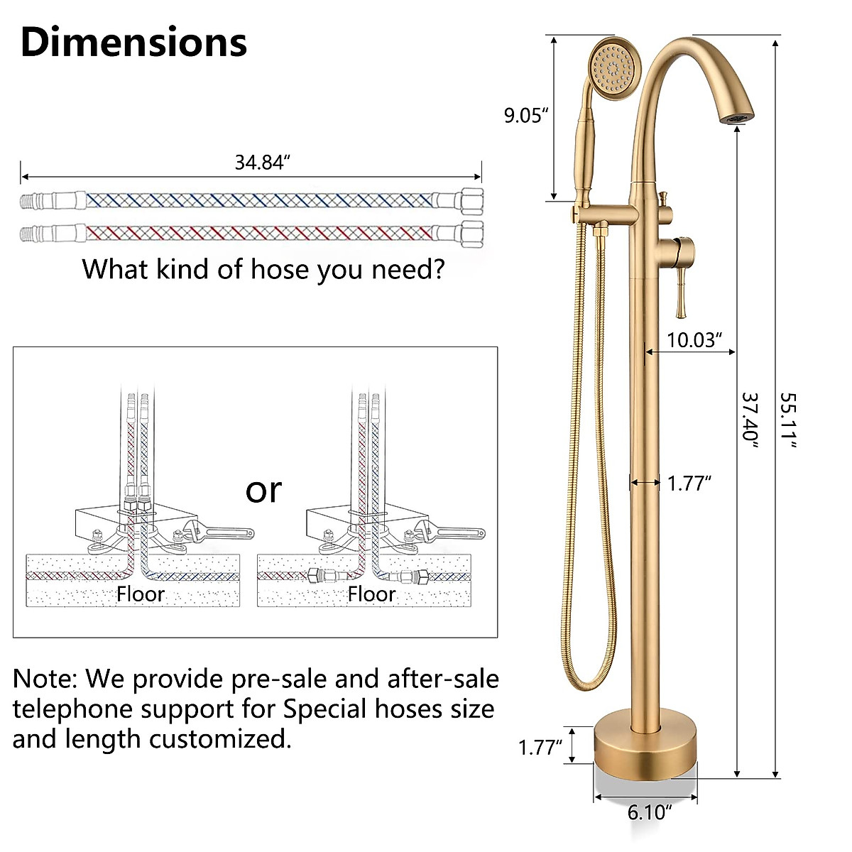 PROOX Freestanding Bathtub Faucet Floor Mounted, High Flow Free Standing Tub Filler with Hand Sprayer, Swivel Spout - Brushed Gold