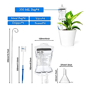 4Pcs Plant Drip Irrigation Bag, Plant Self Automatic Plant Watering System 350ml Watering Bag, with Metal Support Rod Self Watering Devices Small Funnel and Adjustable Valve Switch, for Indoor Outdoor