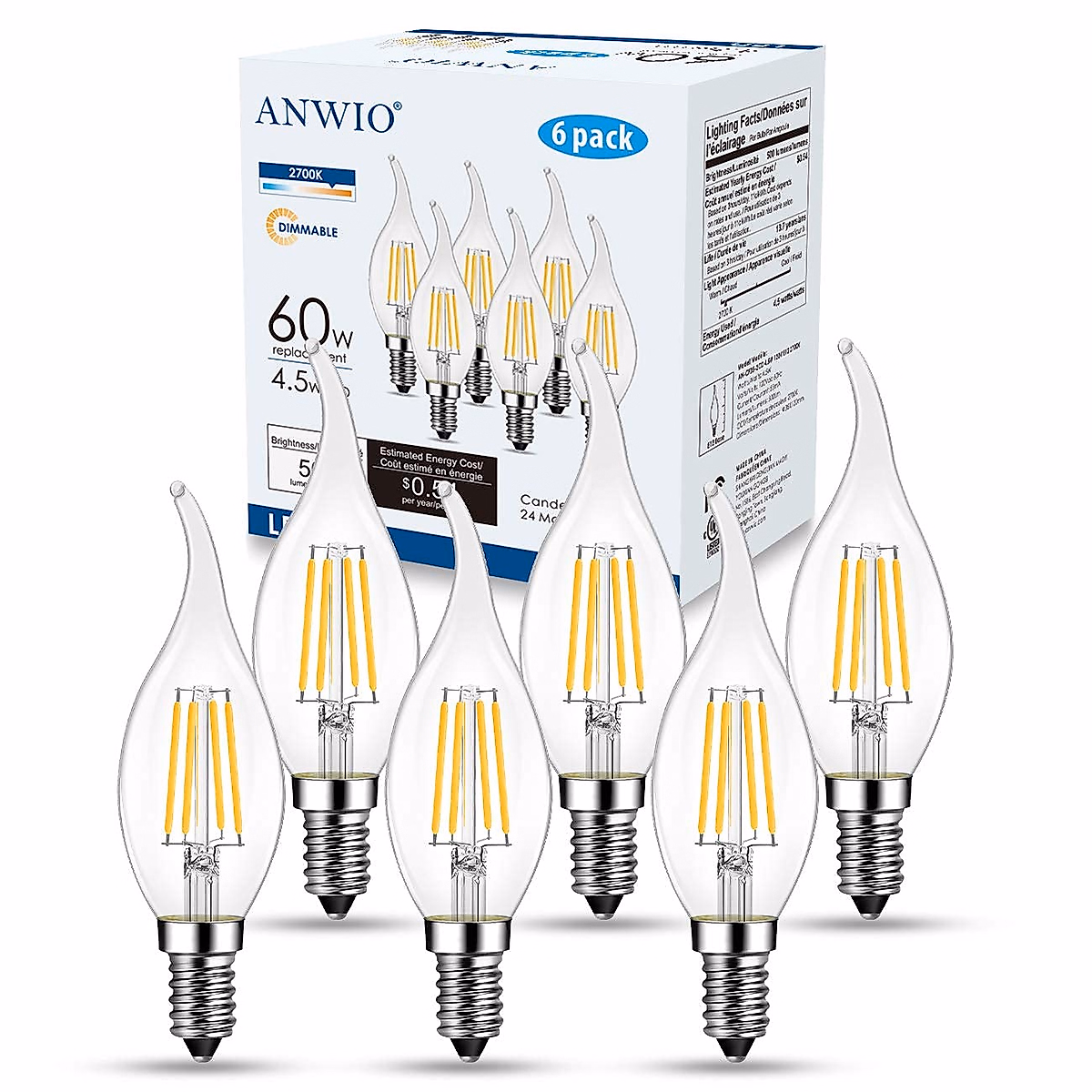 ANWIO Flame Tip LED Filament Bulb Candelabra E12 Base, Dimmable 4.5W (60W Equivalent) B11 Chandelier Candle Light Bulb, 2700K Warm White 6-Pack