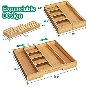kiplant Bamboo Kitchen Drawer Organizer, Expandable Cutlery Tray Silverware Organizer with Large Knife Blocks for Silverware, Flatware, Knives, Utensil Organizer for Kitchen Drawers