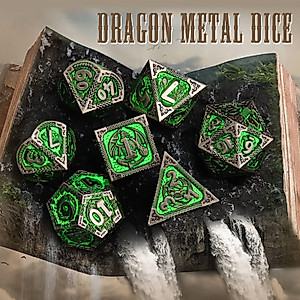 PJOY DND Dice Set Antique Iron Green Metal DND Polyhedral Dice with Dice Case D&D Dice for Dungeons and Dragons TTRPG Gifts