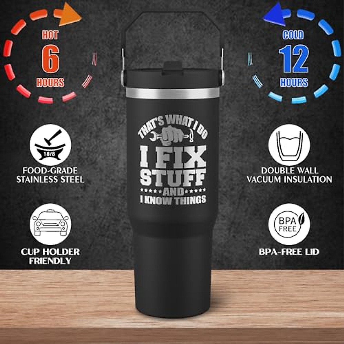 qchdln Funny Gifts For Men - That's What I Do I Fix Stuff and I Know Things Cup - 30oz Insulated Tumbler with Handle - Cool Fathers Day,Birthday,Christmas Gifts for Dad,Grandpa,Husband,Uncle