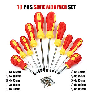 VHEONET Magnetic Screwdriver Sets 10 PCS,Craftsman Screwdriver Set with Bag,Flat Head Phillips Screwdriver, Non-Slip Cushion Grip for Repair Home Improvement,Red & Yellow
