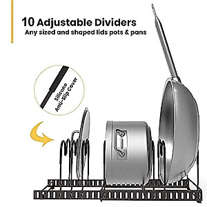 BBLHOME Pots and Pans Organizer 10 Adjustable Dividers Pot Lid Organizer Rack, Expandable Pan Holder for Kitchen Counter and Cabinet