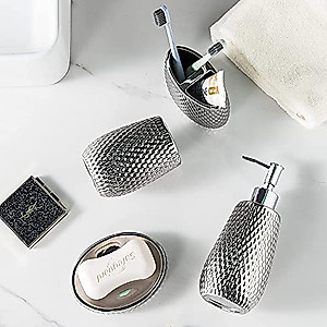 BASDHE Bathroom Accessories Set 5 Piece Bath Ensemble Includes Trash Can,Toothbrush Holder,Toothbrush Cup,Soap Dispenser,Soap Dish for Decorative Countertop and Housewarming Gift, Grey