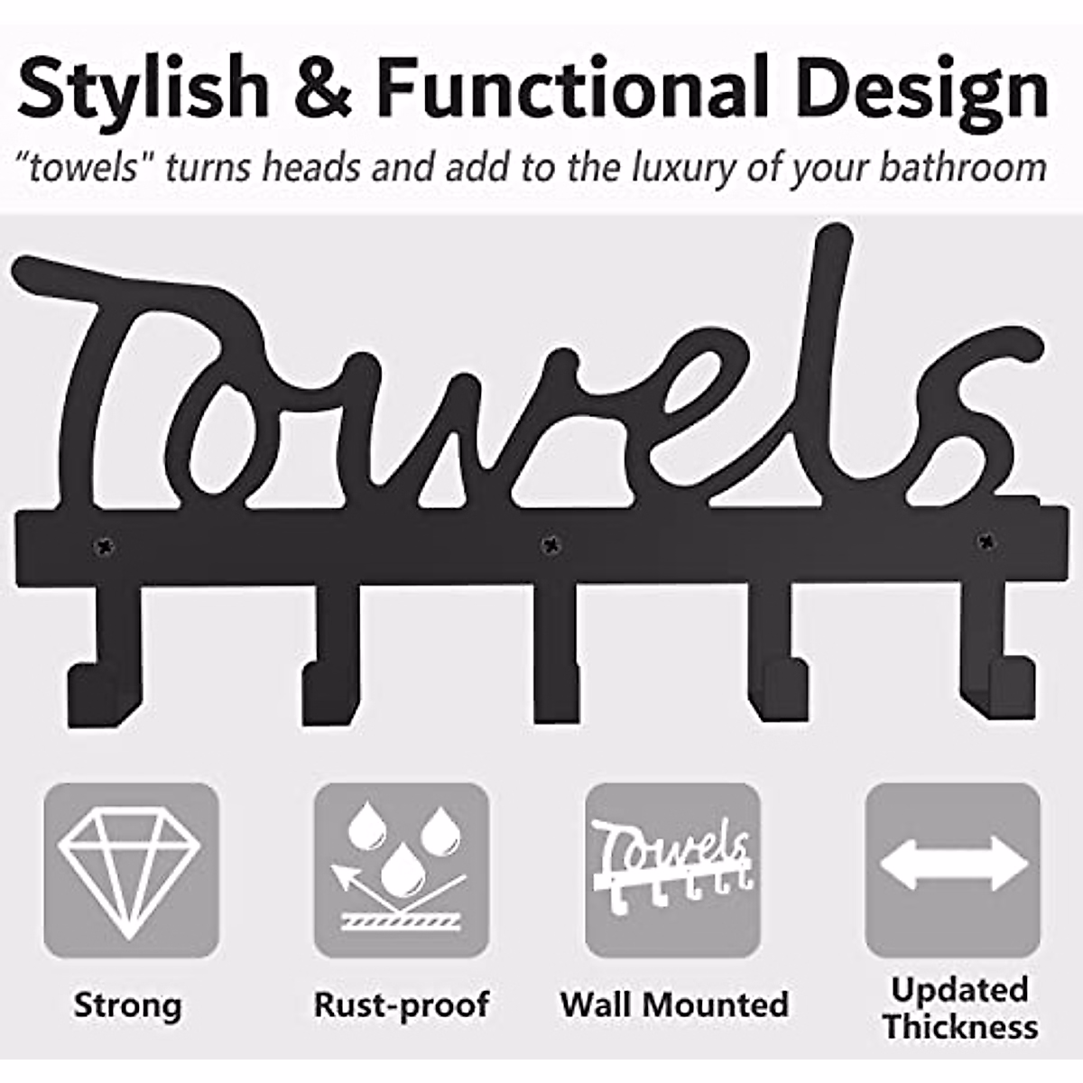 Towels Rack Hanger 5 Hooks Organizer Wall Mount Holder Black Metal Rustproof and Waterproof for Bathroom Storage Rack to Hang Your Towels Robes Clothing Black Space Saving