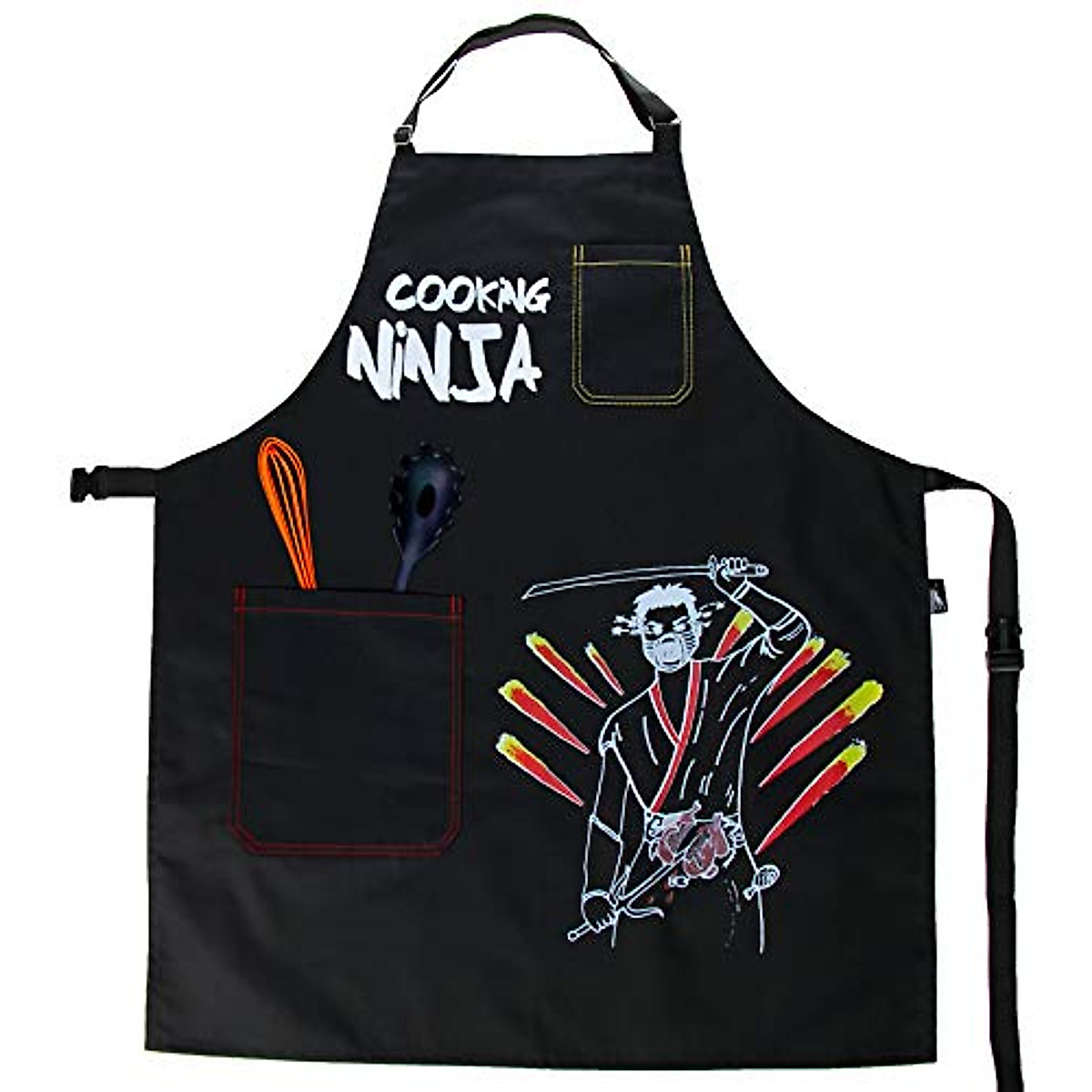 Cute Black Kitchen Bib Apron For Women and Men - With 2 Pockets and Graphic - For Chefs and Home Cooking - Adjustable Strap - Water Resistant - Multi-sized - Gift Box (Cooking Ninja (Men)