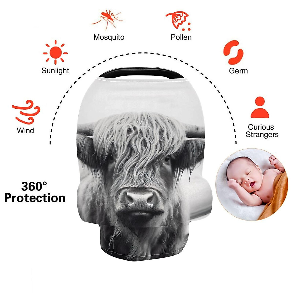 WELLDAY Baby Car Seat Covers Highland Cow Stretchy Breastfeeding Scarf Breathable Infant Carseat Canopy Nursing Covers Multi Use for Stroller High Chair Shopping Cart Boys and Girls