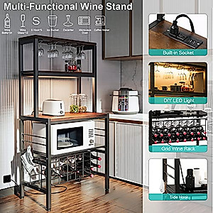HSSZXFR Industrial Wine Bakers Rack with Power Outlet and LED Strip, Multifunctional Wine Rack Table, Wine Bar Cabinet with Wine Storage Glasses Holder Bottle Shelf, Bar Stand for Liquor and Glasses