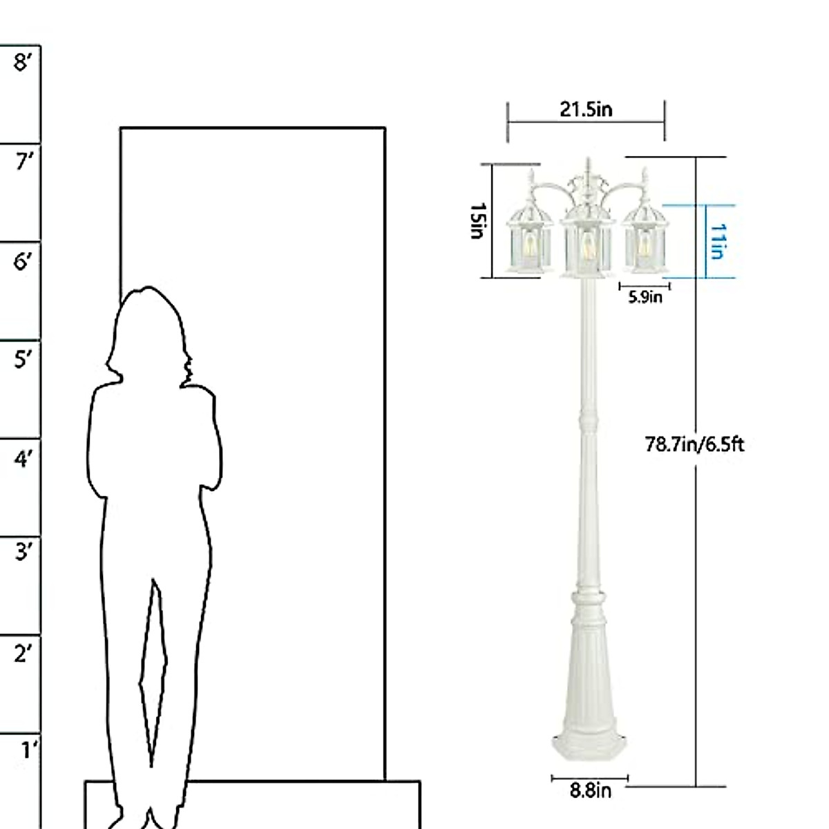 PARTPHONER 3-Head Outdoor Lamp Post Light Birdcage, Waterproof Outside White Street Light Pole with Clear Glass Shade for Yard, Garden, Patio, Path, Driveway