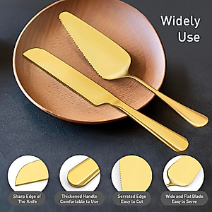 GIEBYIE 2Pcs Wedding Cake Knife and Server Set, Premium Cake Cutter includes 10.63" Cake Knife and 9.25" Pie Server, Stainless Steel Cake cutting set for Wedding, Birthday, Anniversary, Gold
