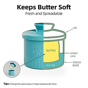 Ceramic Butter Crock, French Butter Dish with Lid for Kitchen Counter, Large Porcelain Butter Keeper with Water Line, Farmhouse Country Style Butter for refrigerator Storage Container, Aqua