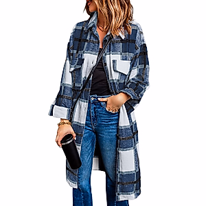 PRETTYGARDEN Women's 2025 Plaid Shacket Jacket Long Sleeve Button Down Shirts Fashion Winter Wool Coats (Navy,Medium)