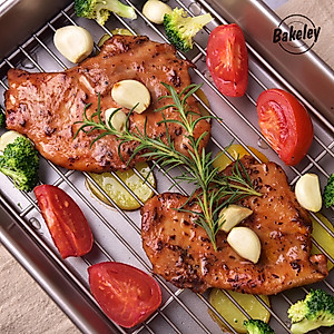 Bakeley Roasting Pan with Rack, Non-Stick Rectangular Deep Dish Oven-BBQ Bakeware for Oven Baking 13.78" x 9.84" x 2.36" (Champagne Gold)