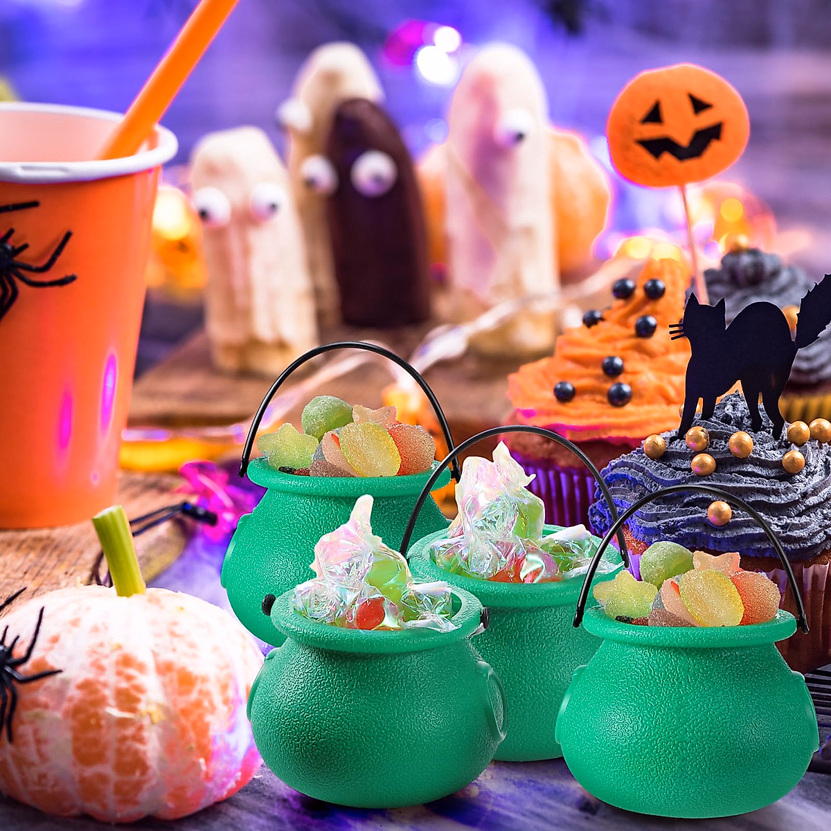 Plastic Cauldron Mini Witches Cauldron with Handle Halloween Candy Bucket Small Pot Decorations Candy Kettles for St patrick Day Halloween Party(Green,40 Pcs)