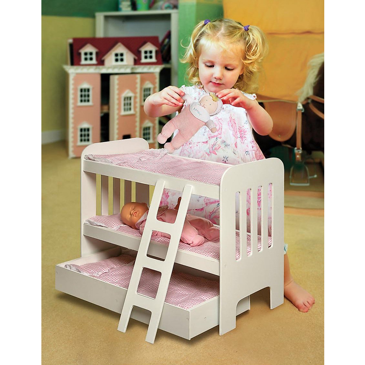 Badger Basket Toy Doll Bunk Bed with Trundle, Ladder, and Personalization Kit for 22 inch Dolls - White/Pink
