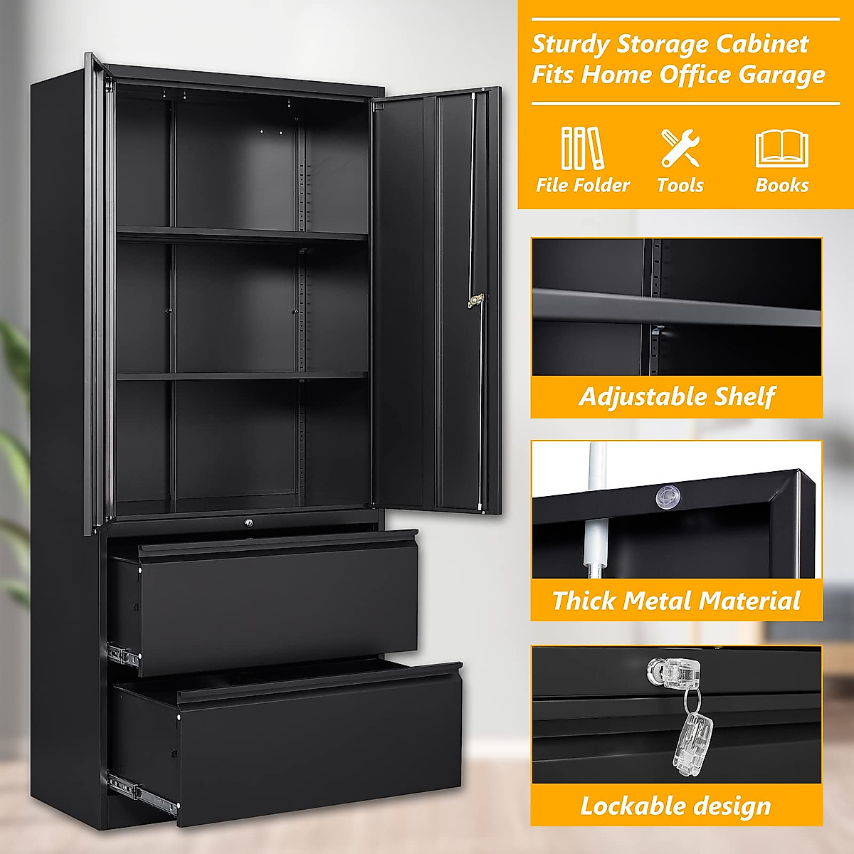 File Cabinet, Metal Cabinet for Home Office, Metal Storage Cabinet with Adjustable Shelf and Drawers, Filing Cabinets for Letter/Legal/F4/A4 Size Files, Assemble Required