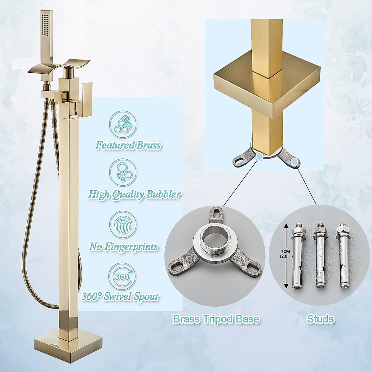 Gmusre Brushed Gold Floor Mounted Waterfall Tub Filler Freestanding Bathtub Faucet Brass Bathroom Single Handle with Shower Hand Spray and 360 Degree Swivel Spout