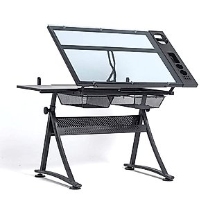 EESHHA Drawing Table Adjustable Glass Drafting Table,Versatile Art Study Table,with Storage Drawers,Art Studio Design Sketching Painting Work Station (Color : Glass) (Glass) (Glass)