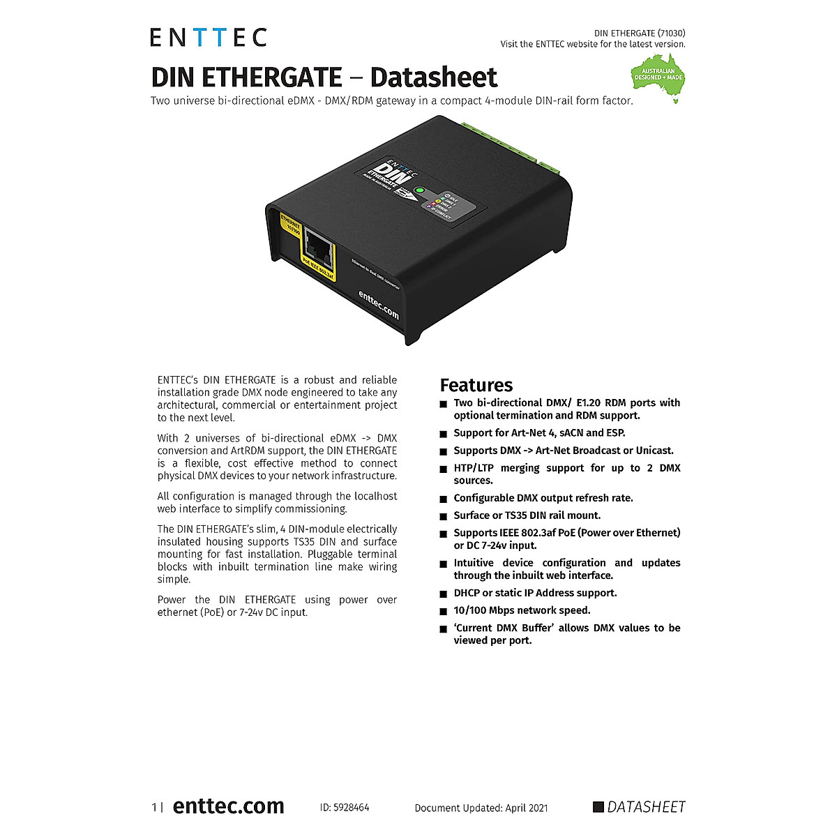 ENTTEC DIN Ethergate POE 71030 2 Universe Ethernet to Dual DMX RDM Converter, Black