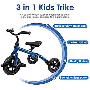 YGJT 3 in 1 Tricycle for Toddlers Age 2-5 Years Old, Folding Kids Balance Bikes with Adjustable Seat and Removable Pedal, Ride-on Toys for Infant, Gift for Baby Boys Girls Birthday(Blue)