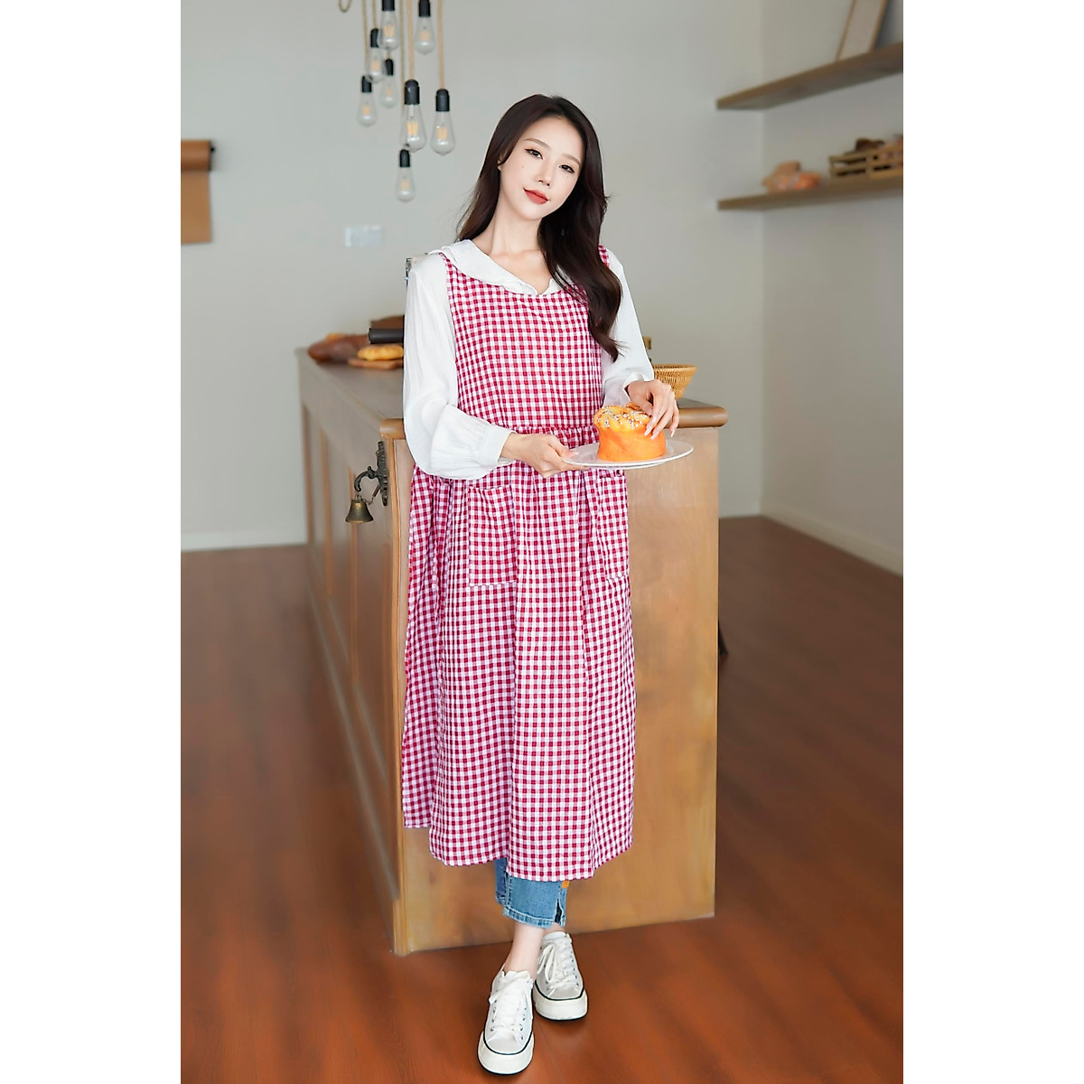 TALIBSA Plaid Apron Dress，Japanese Cotton Linen Cross Back Apron for Women with Pockets，Pinafore Dress with Waist Ties (Red Plaid)