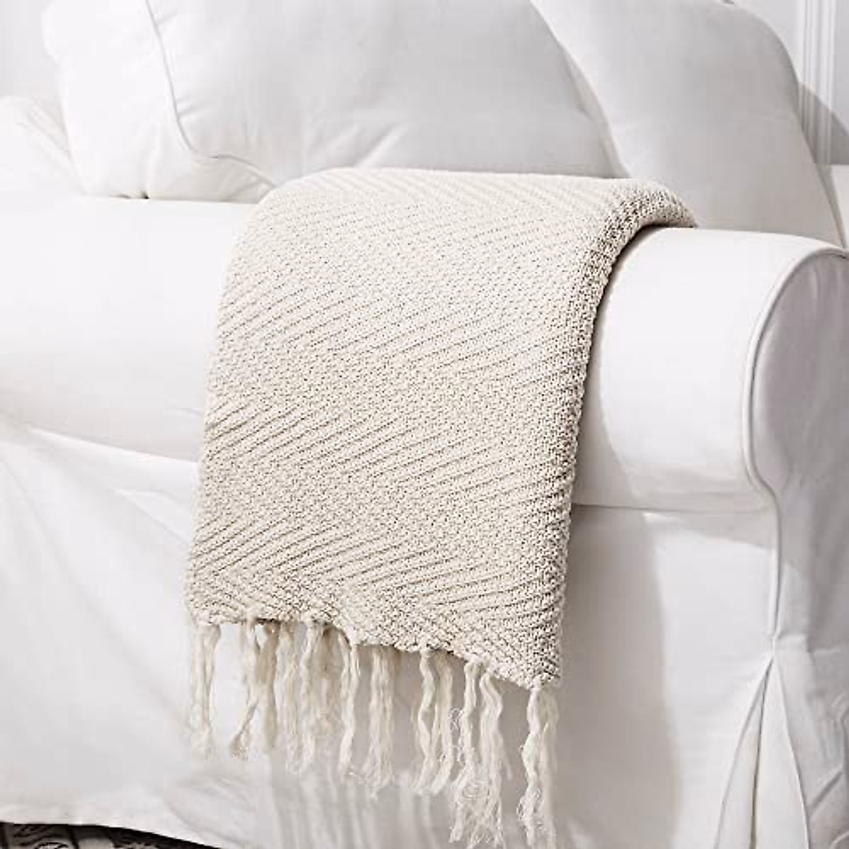 Longhui bedding Cream Fringe Knit Cotton Throw Blanket, 50 x 60 Inches Decorative Knitted Cover with 6 Inches Tassels, Lightweight Couch Blanket, Beige
