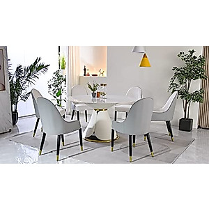 HomSof Modern Sintered Stone Round Dining Table Set with Stainless Steel Base with 6 pcs Chairs, 7 Pieces, White+Grey