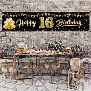Happy 16th Birthday Banner Decorations for Boys, Black Gold 16 Birthday Signs Party Supplies, Sweet Sixteen Birthday Party Decor for Outdoor Indoor