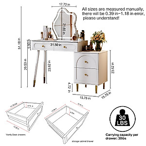 Chrangmay Vanity desk with mirror and lights,Small makeup vanity with 4 drawers,Modern makeup table with Adjustable Cabinet for Bedroom,Makeup Room,Writing Desk,White